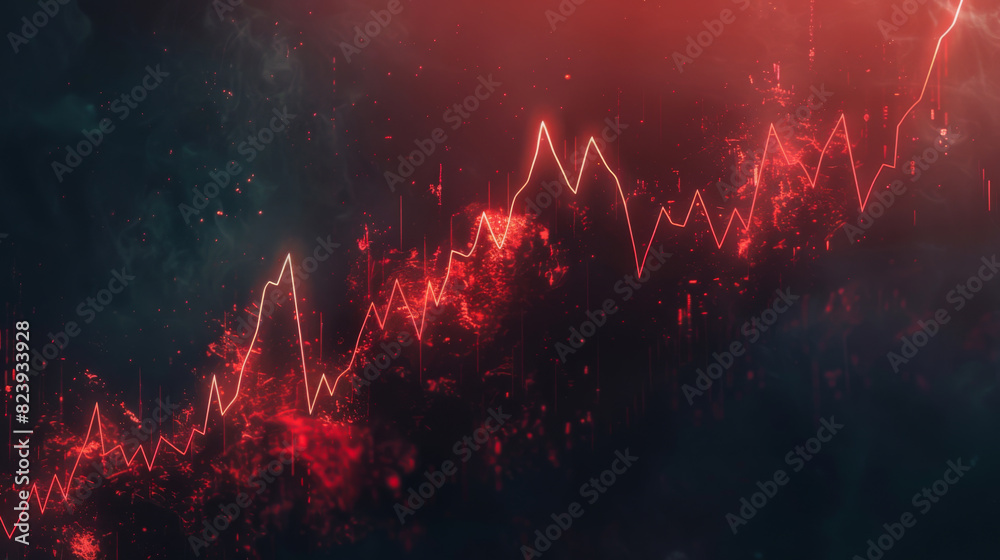 Dark background with bright red stock market chart. Digital screen with ...