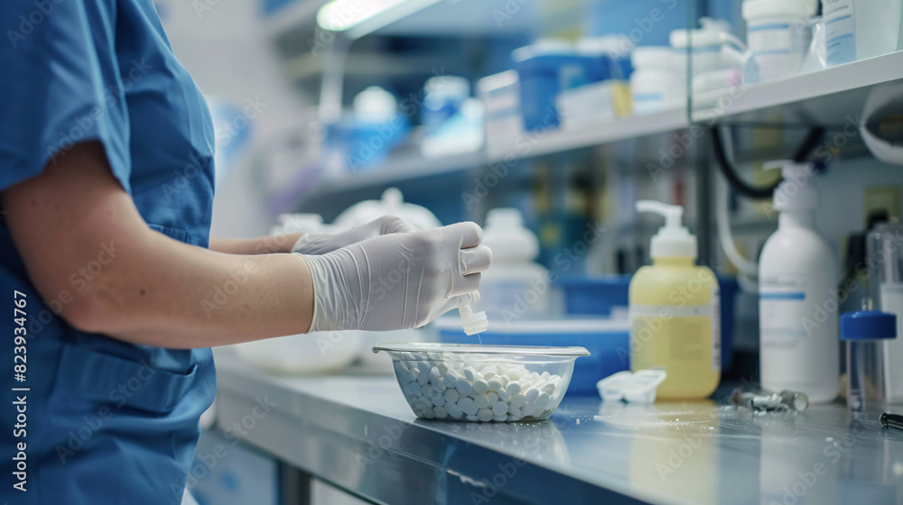 nurse is preparing medicine in the dispensary room. With focused ...