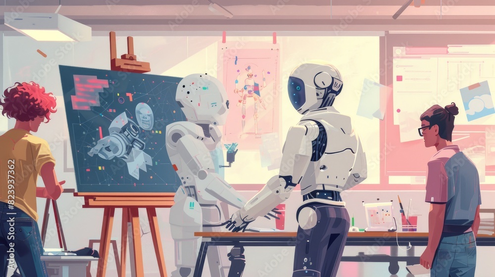 In a tech-driven art studio, two artists and two humanoid robots ...