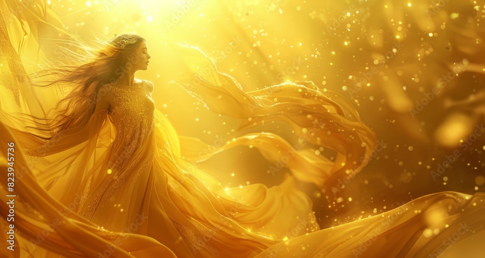 Beautiful woman in golden dress against a gold background, in a fantasy ...