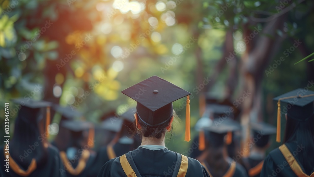Rear view, university graduates wearing graduation gown and cap in the ...