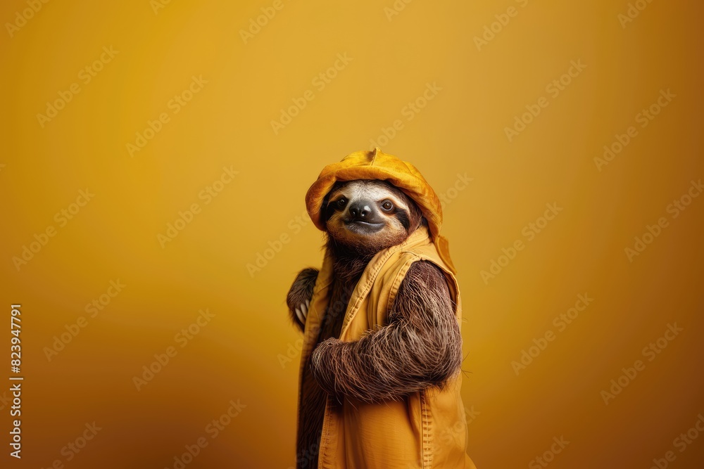 A photo of a sloth dressed in vintage-style clothing, striking a ...