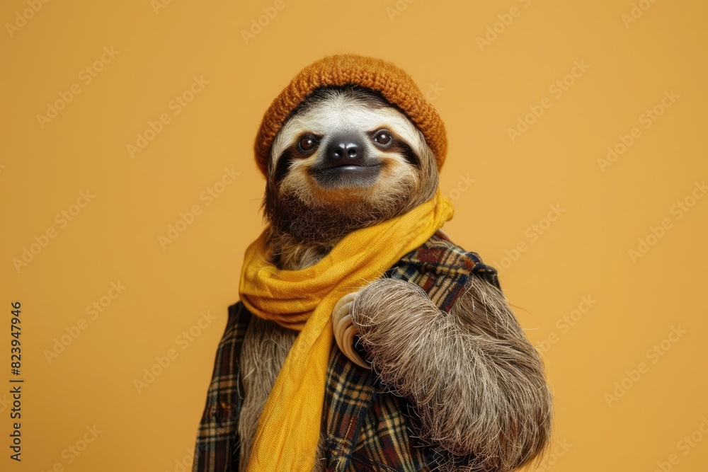 A photo of a sloth dressed in vintage-style clothing, striking a ...