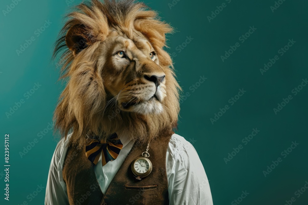 A dynamic photo of a lion in old-fashioned clothing, complete with a ...