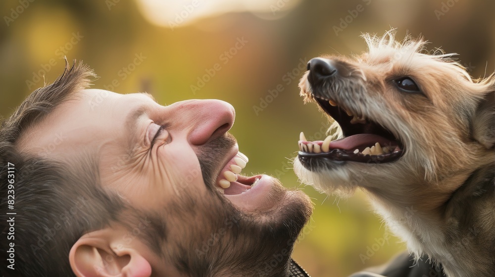 A candid moment captures a man and dog face-to-face, both with open ...