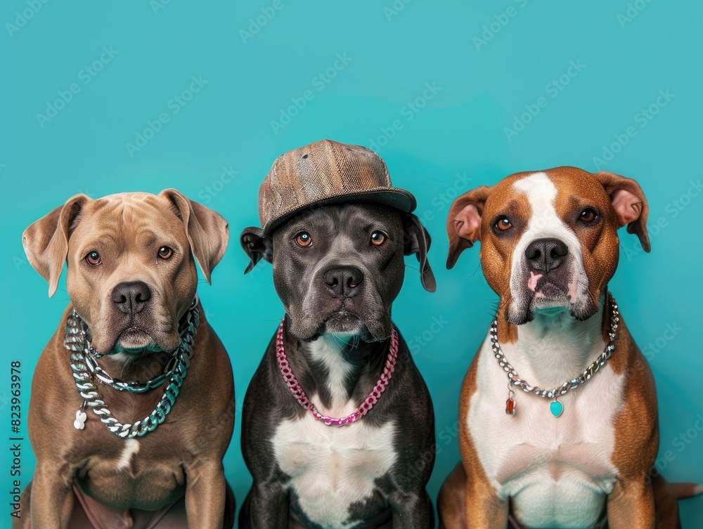 Dogs wearing backward caps and flashy jewelry, arranged in a playful ...