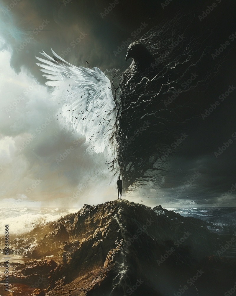The man stood on the cliff, looking out at the sea. He was torn between ...