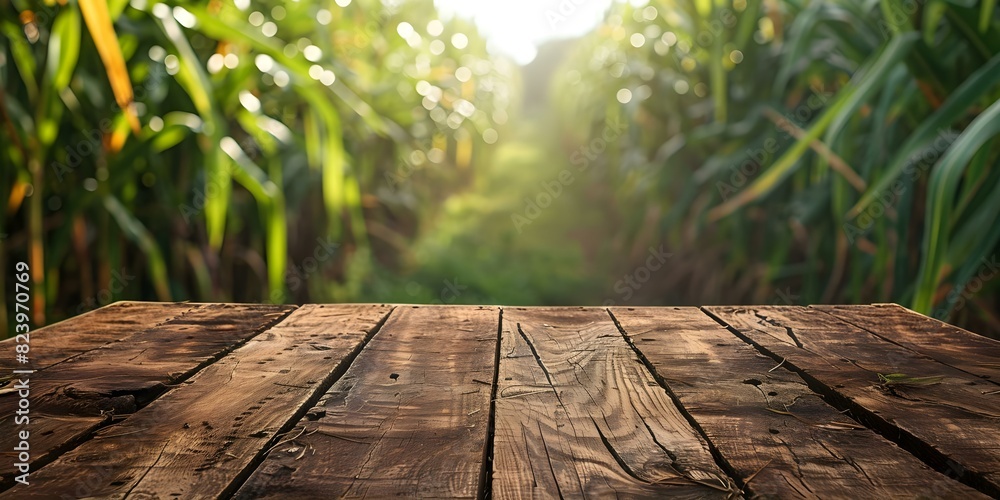 Blurred sugarcane plantation background behind an empty wooden table ...