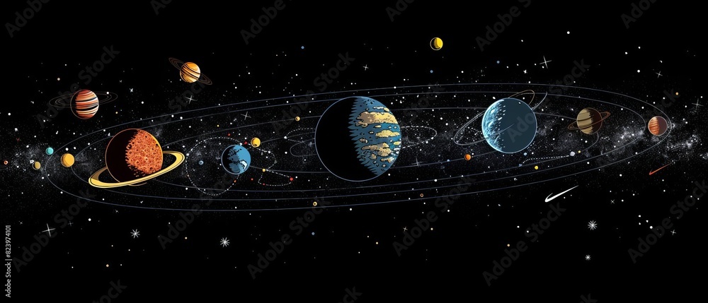 Illustration of our solar system with all planets orbiting the sun in a ...
