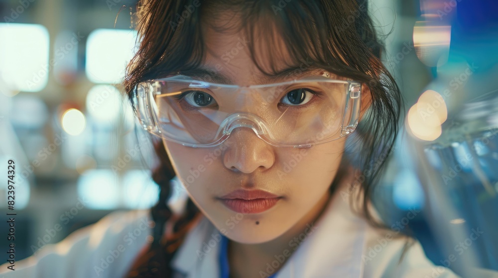 The close up picture of the young female scientist is experimenting inside laboratory while ...