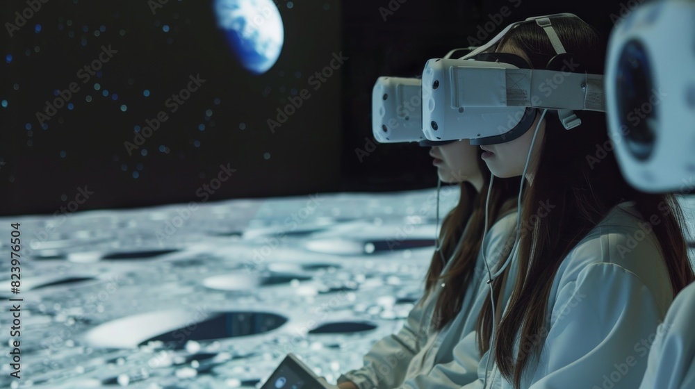 People immersed in a virtual reality experience of the Apollo 11 moon ...