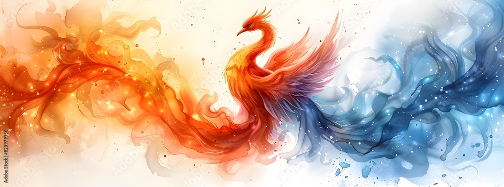 Watercolor red and orange phoenix bird fire fantasy firebird abstract ...