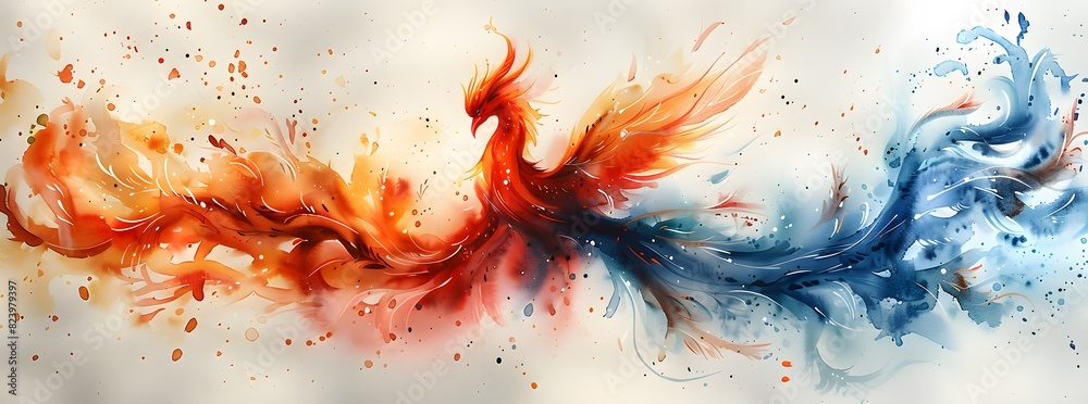 Watercolor red and orange phoenix bird fire fantasy firebird abstract ...