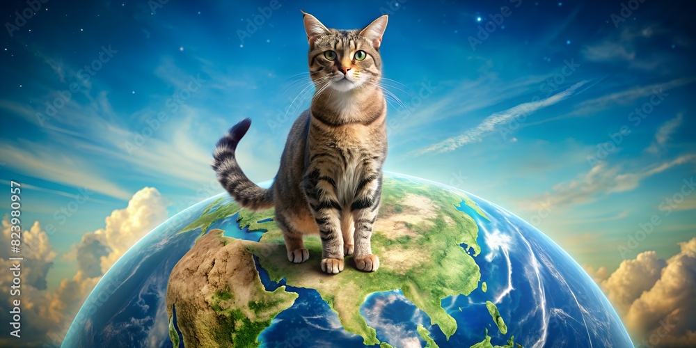 International cat day, cat sitting on planet earth, illustration ...