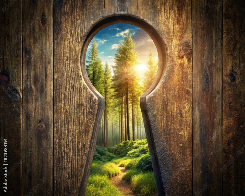Wooden Door Revealing Keyhole Opening to Forest. Generative AI Stock ...