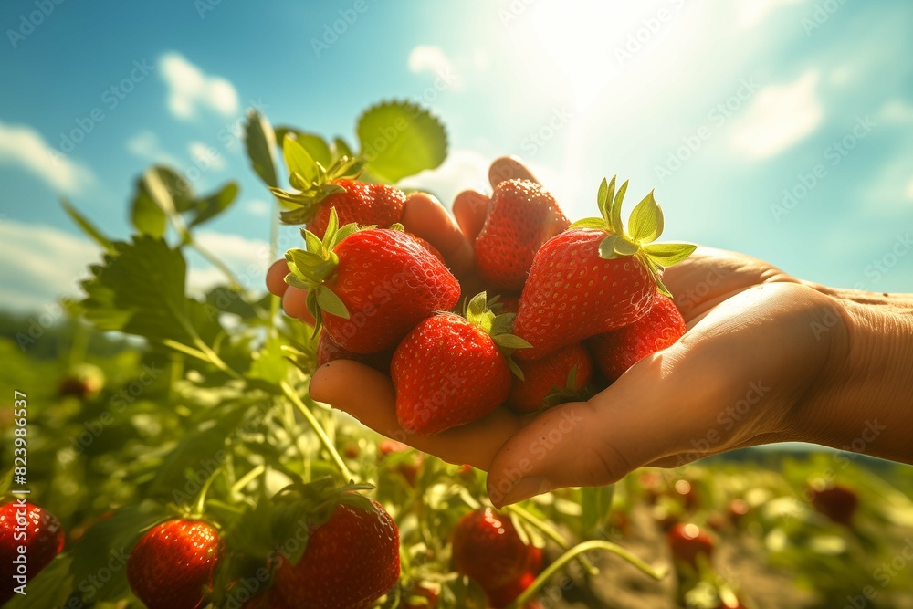 shot of strawberries being picked by hand under the intense summer sun ...