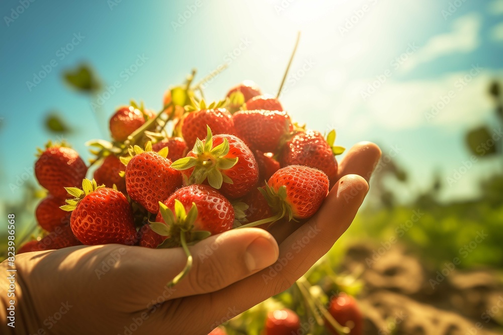 shot of strawberries being picked by hand under the intense summer sun ...