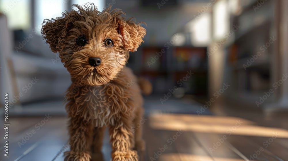 Foto de 3d avatar of furry brown dog standing on floor and looking into ...