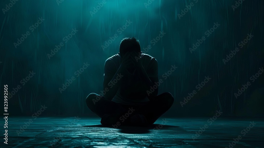 lonely man sitting alone in dark room expressing solitude and isolation ...