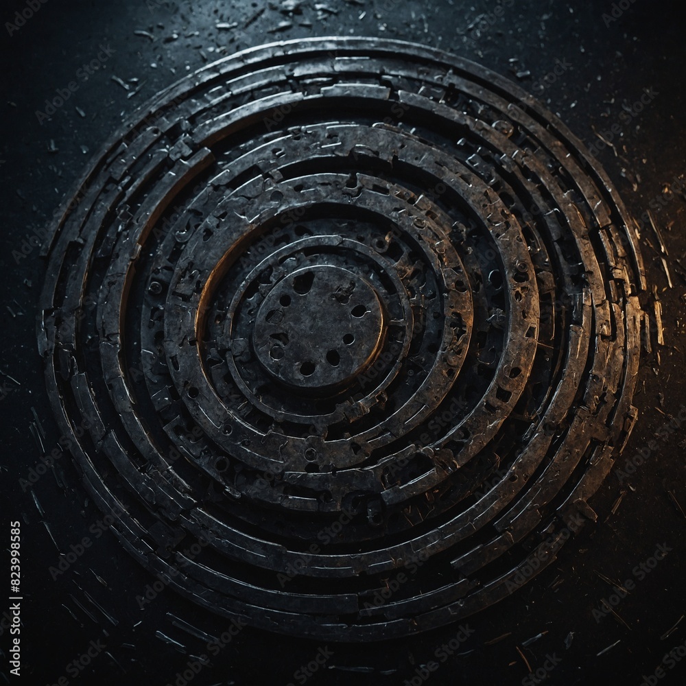 Manhole cover, circular in shape, embedded in asphalt surface. Design ...