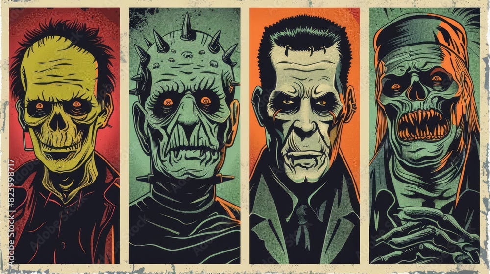 retro halloween monster portraits set vintage horror movie poster ...