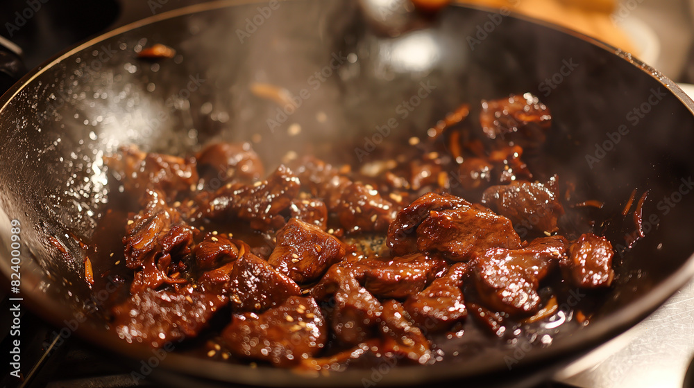 Beef mongolian meat in a black wok, a Chinese dish sizzling with brown ...