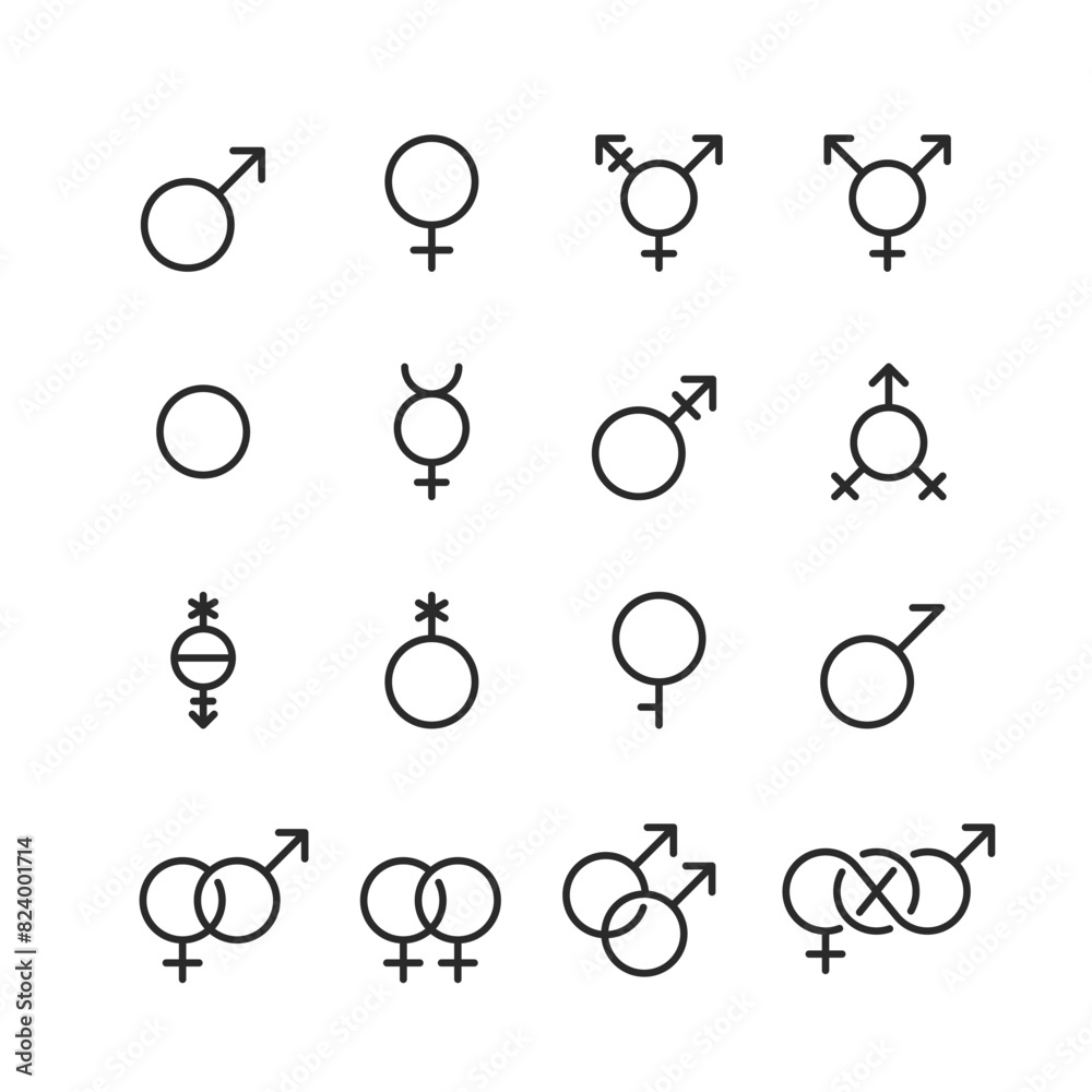 Gender Identity Icons, linear style set. Symbols representing diverse ...