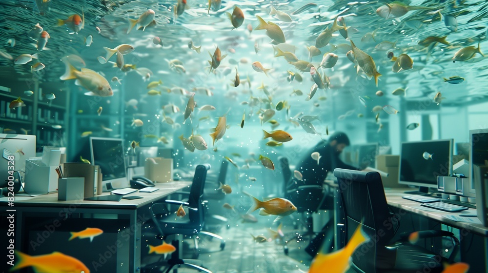 An office scene with desks, computers, and employees all submerged ...