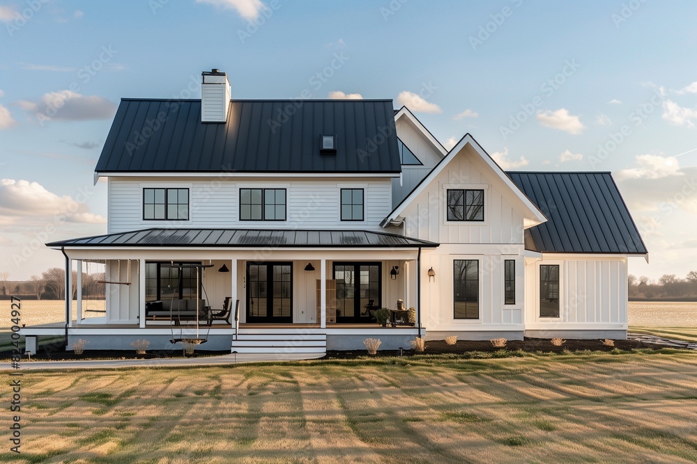 : A modern farmhouse suburban house with a white board and batten ...