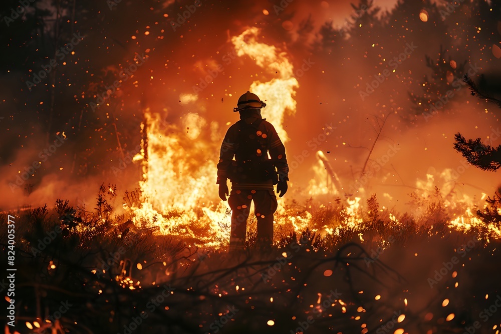 Firefighter standing in front of intense wildfire. Natural disaster and ...
