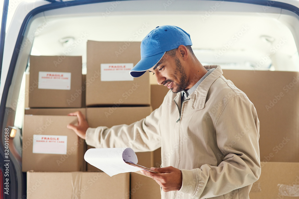 Man, boxes and delivery van for transport, logistics and packages in ...