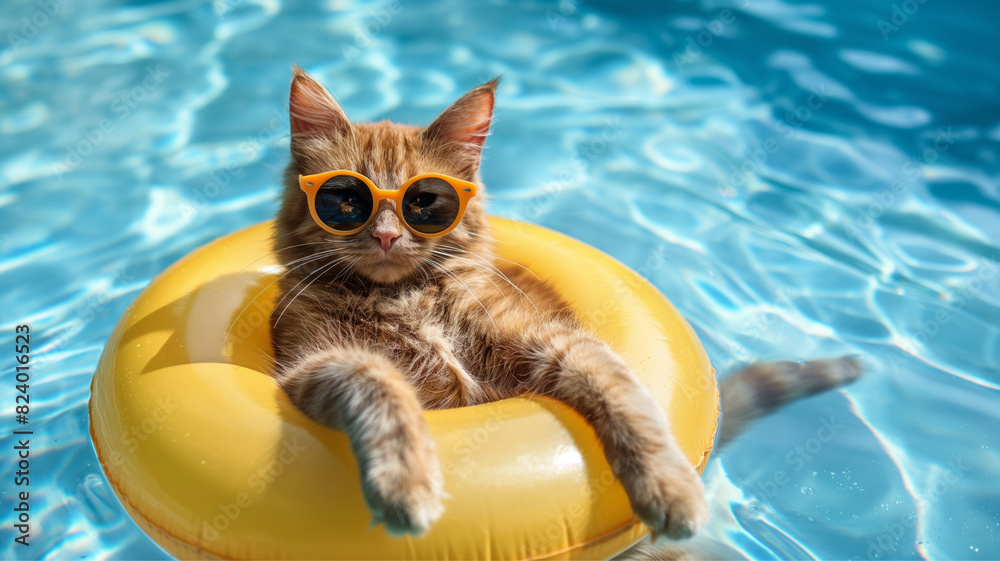 Cute orange cat wearing sunglasses. The cat is relaxing in a pool ring ...