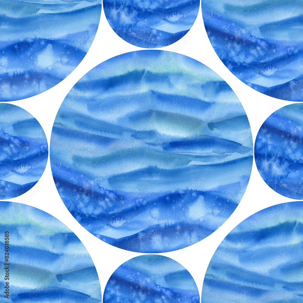 Marine seamless pattern round dark blue water texture Watercolor ...