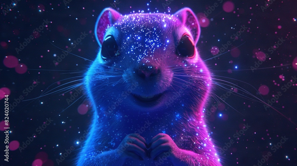 A rat with stars on its face, against a backdrop of pink, blue, and ...