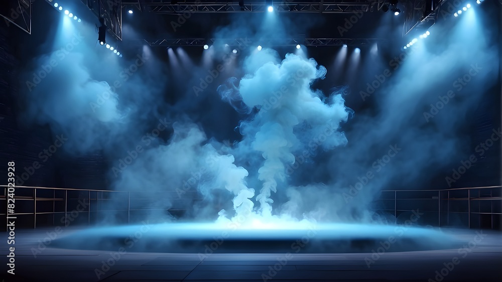 Smoke and scenic lighting illuminated the stage. On a dark background ...
