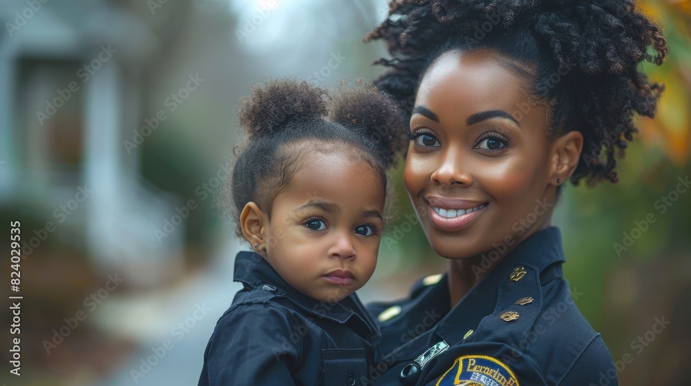 police officer helping child, in an urban setting, a courageous black ...