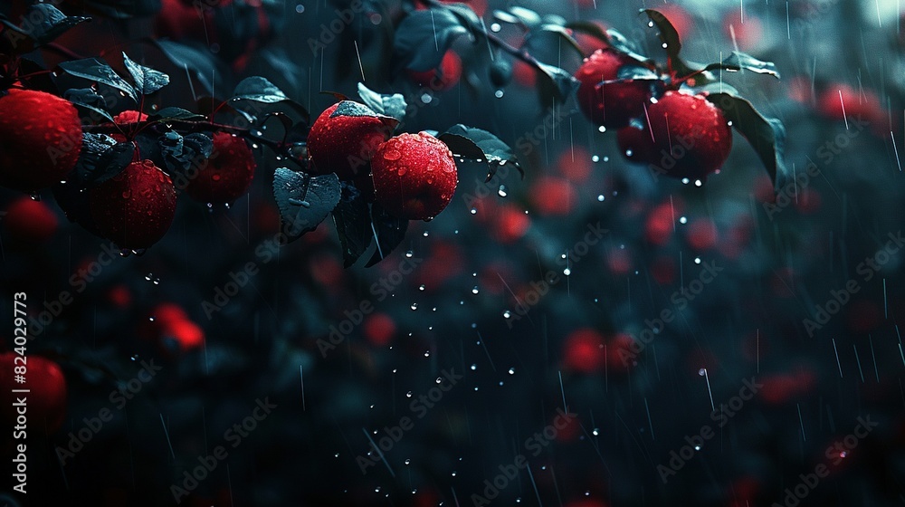 Red apples dangling from a rain-soaked tree, with droplets on leaves ...