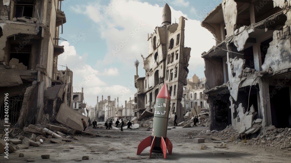 An evocative image showing a toy rocket in a desolate, war-torn street ...