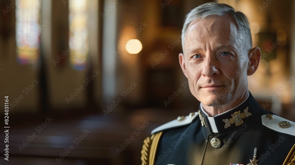 The picture of the military officer standing inside the church and ...