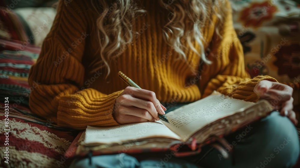 Describe a person journaling their thoughts and feelings, using writing ...