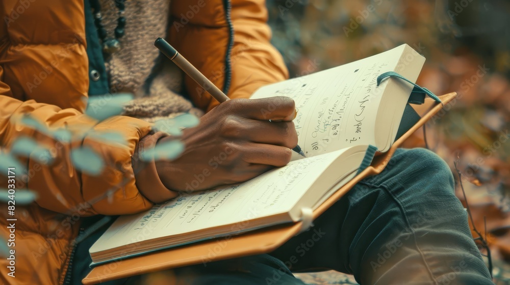 Describe a person journaling their thoughts and feelings, using writing ...