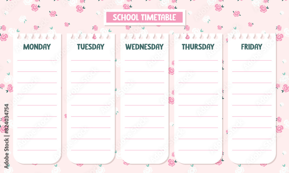 Cute kawaii printable school timetable calendar with pink floral ...