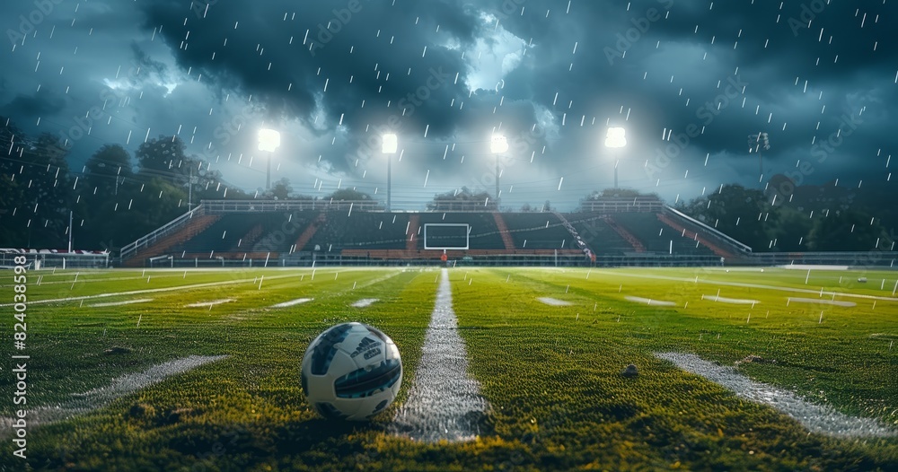 Soccer Field in Rain with Ball and Stormy Sky. Soccer field in the rain ...