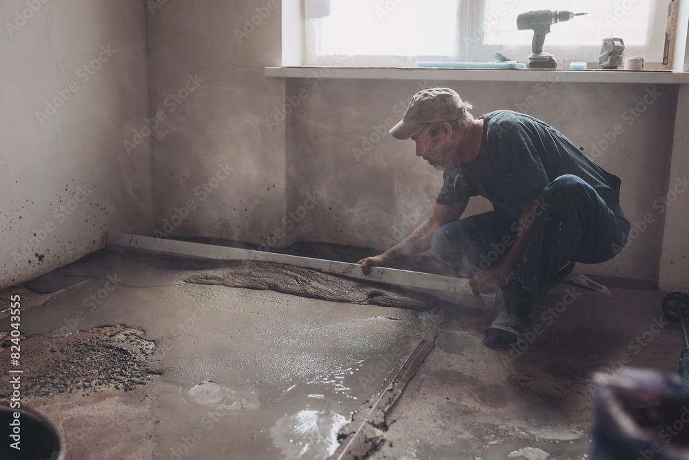 Male construction worker using screed rail while screeding floor in ...