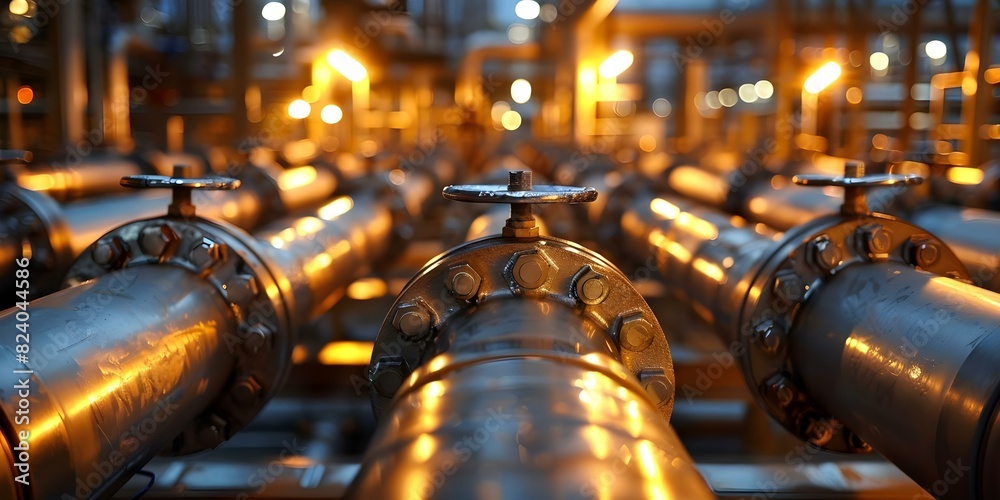 Valves in an oil and gas processing plants pipeline system. Concept ...