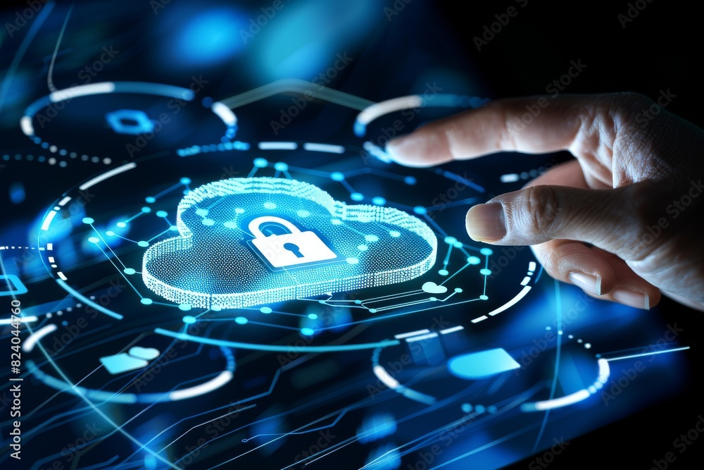 Finger pointing at a glowing digital cloud lock, representing secure ...