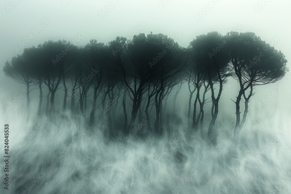 The ethereal beauty of a fog-shrouded forest, where gnarled trees loom ...