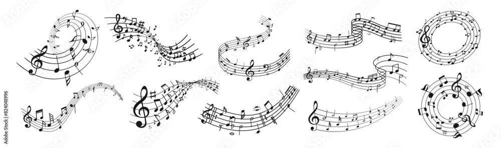 Music notes wave isolated, group musical notes background. Musical ...