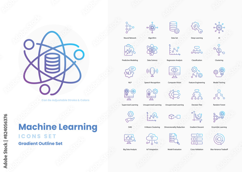 machine learning icons collection. Set contains such Icons as algorithm ...