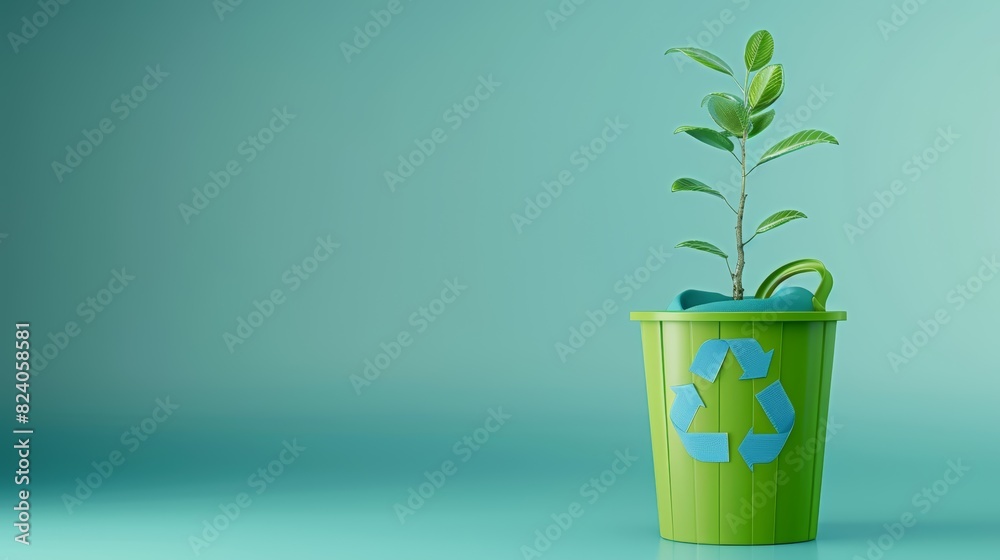 Small tree growing in green recycling bin on teal background. Eco ...